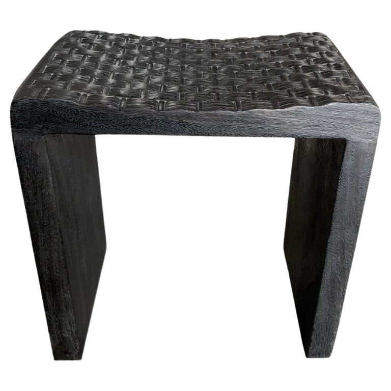 Sculptural Mango Wood Stool with Carved Detailing and Burnt Finish ...