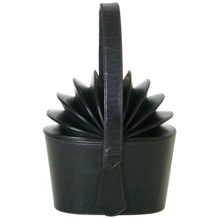 Sculptural Midnight Blue Leather Accordion Top Handbag Patented in 1949 ...