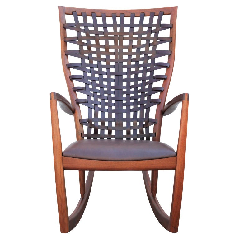 Sculptural Modern Handmade Walnut and Woven Leather Rocking Chair at ...