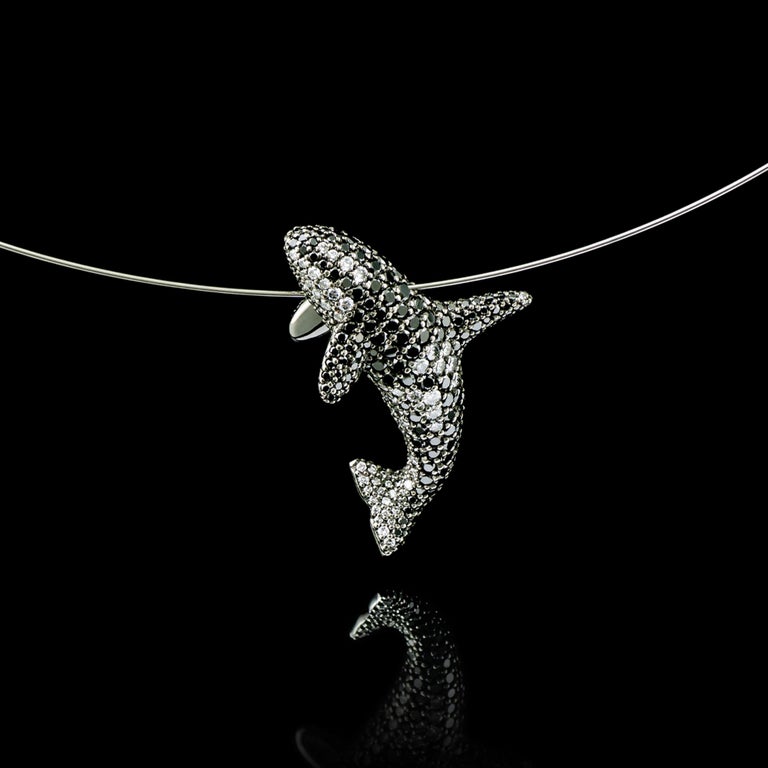 Sculptural Orca Pendant, Handmade of 18k White Gold, 424 Black and ...