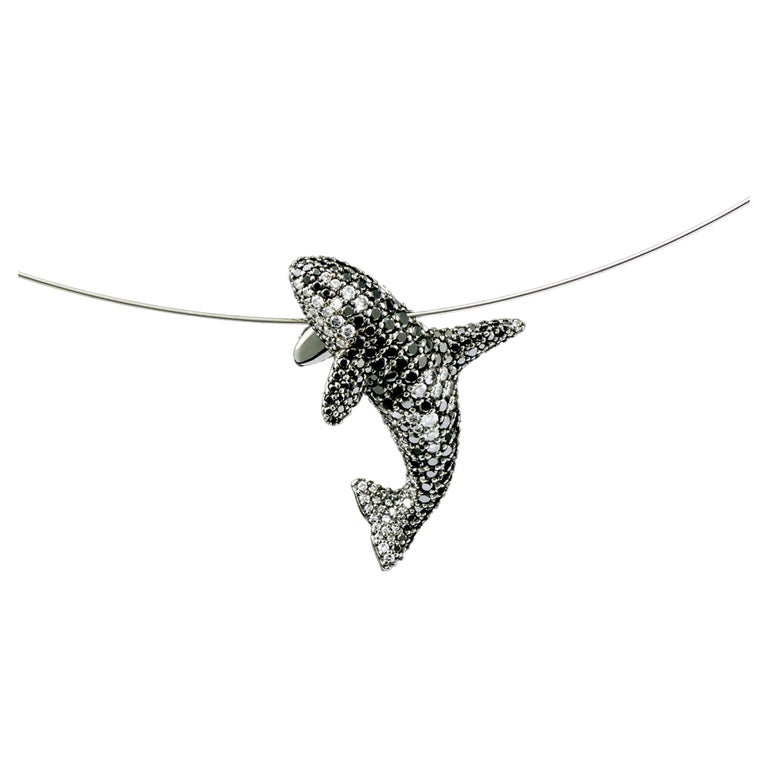 Sculptural Orca Pendant, Handmade of 18k White Gold, 424 Black and ...