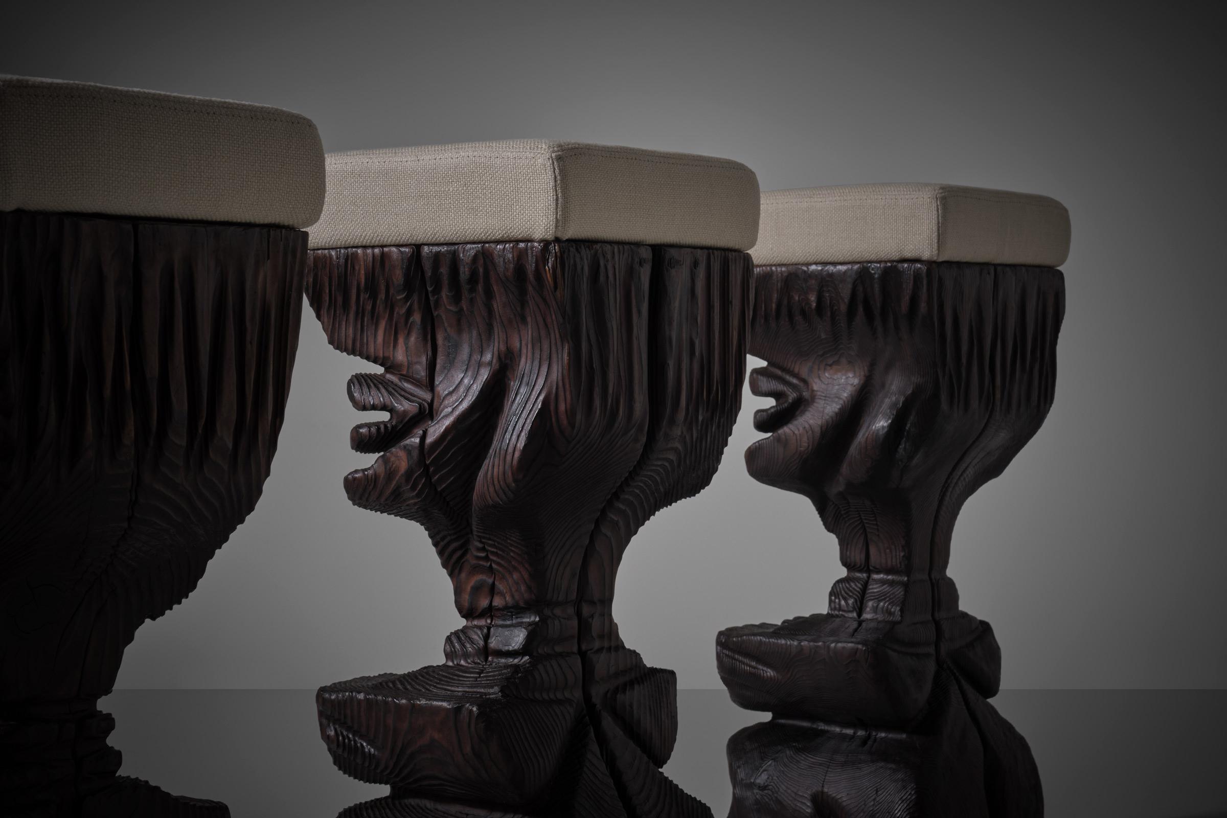 Sculptural Pine wooden bar stools, 1970s For Sale at 1stDibs