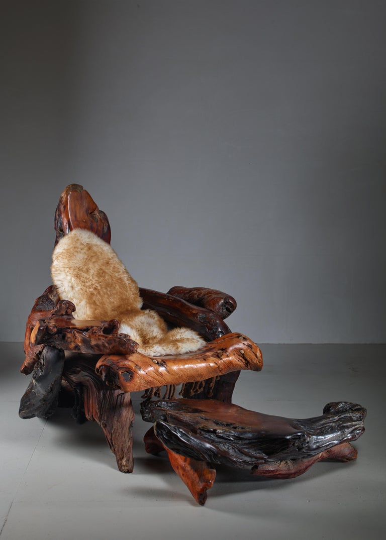Sculptural Redwood Chair with Ottoman, USA, 1970s For Sale at 1stDibs