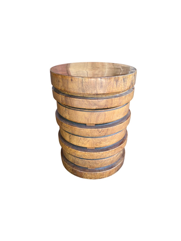 Sculptural Round Teak Wood Stool For Sale at 1stDibs