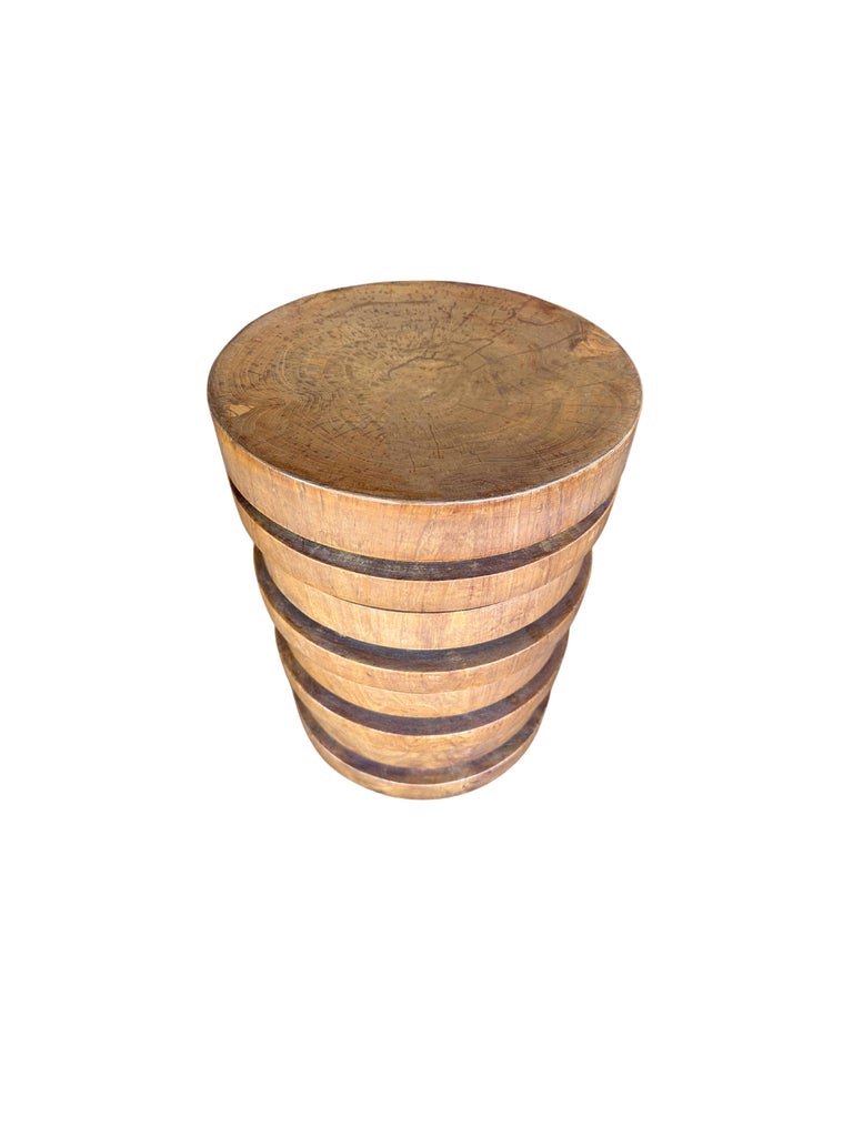 Sculptural Round Teak Wood Stool For Sale at 1stDibs