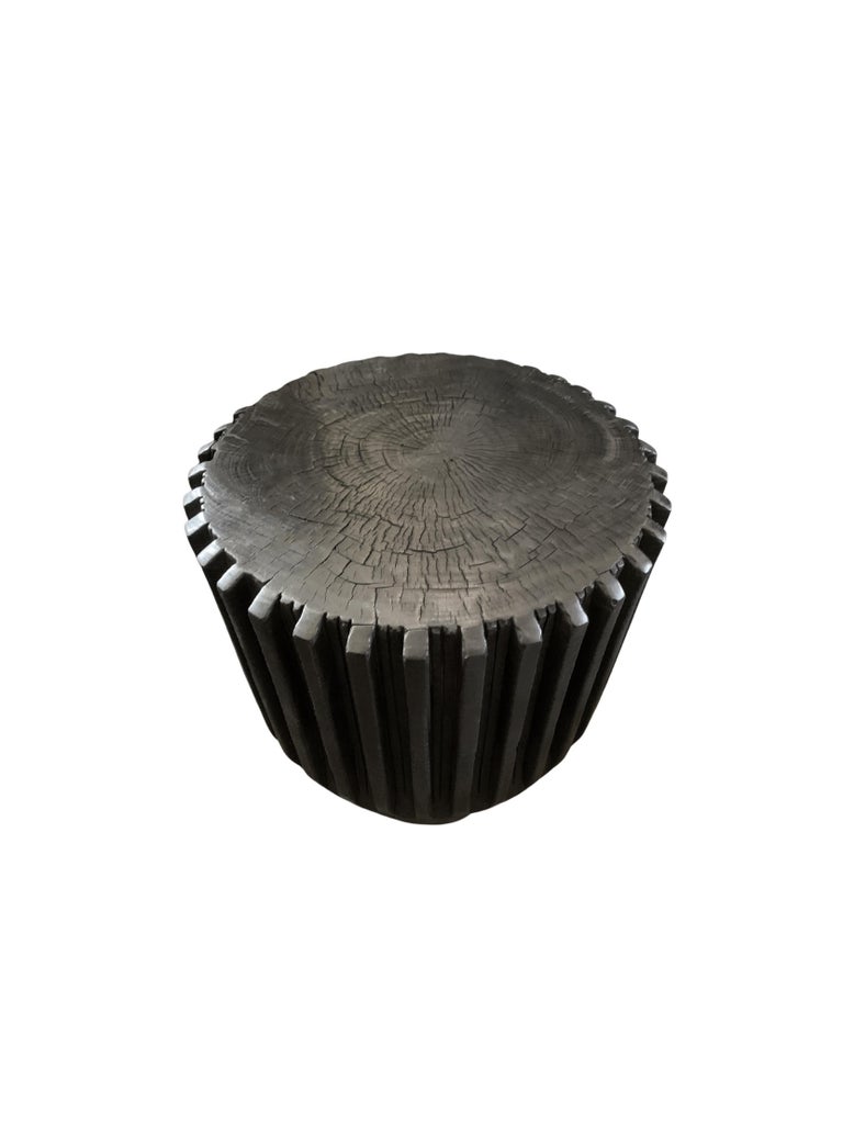Sculptural Side Table, Solid Mango Wood, Carved Ribbed Detailing and ...
