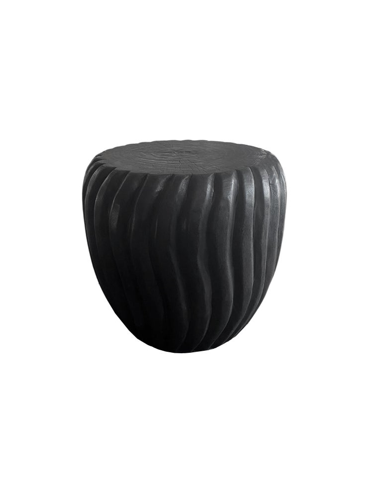 Sculptural Side Table Solid Mango Wood, Carved Ribbed Detailing Modern ...