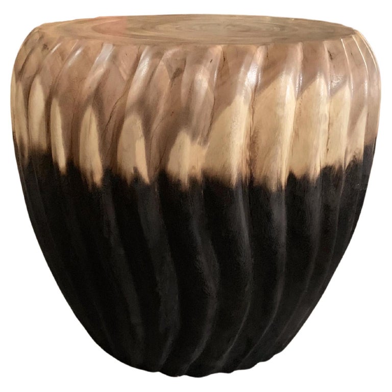 Sculptural Side Table Solid Mango Wood, Carved Ribbed Detailing Modern ...