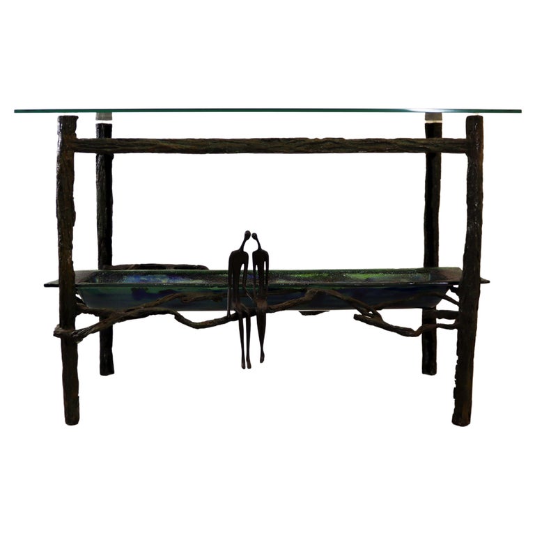 Sculptural Signed Ruth Bloch Sculpture Brass and Art Glass Console ...