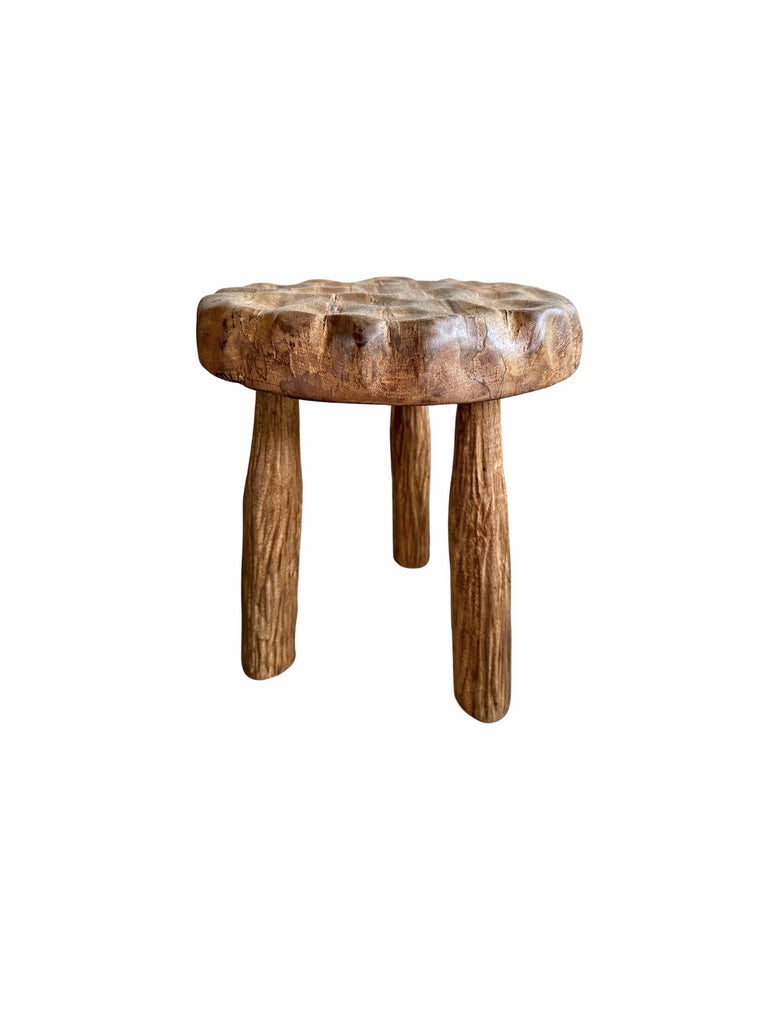 Sculptural Stool Solid Mango Wood, Hand-Hewn Detailing, Modern Organic ...
