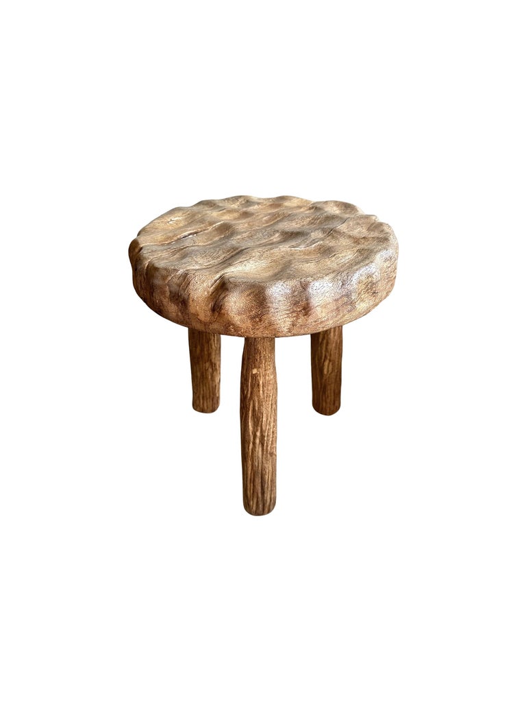 Sculptural Stool Solid Mango Wood, Hand-Hewn Detailing, Modern Organic ...