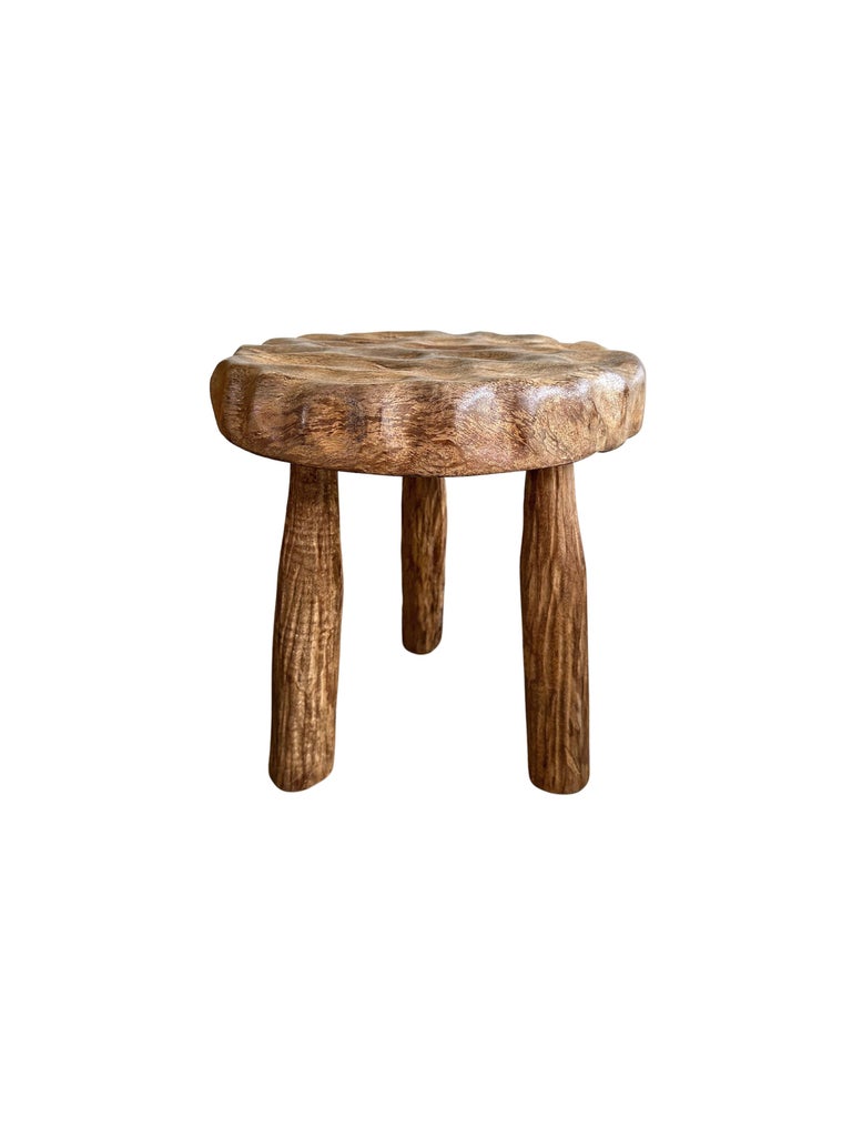 Sculptural Stool Solid Mango Wood, Hand-Hewn Detailing, Modern Organic ...