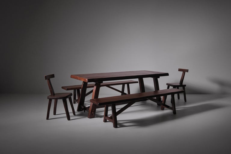 Sculptural Table and Benches in Stained Elm For Sale at 1stDibs