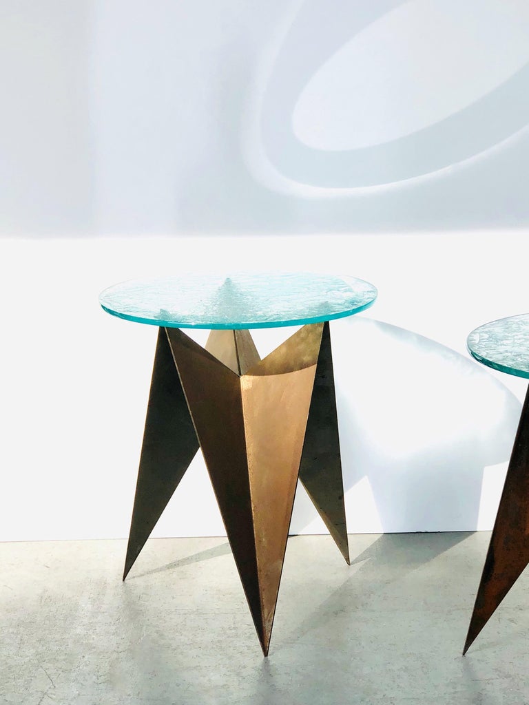 Sculptural Trio of Geometric Metal Tables with Glass Tops, 1980s For ...