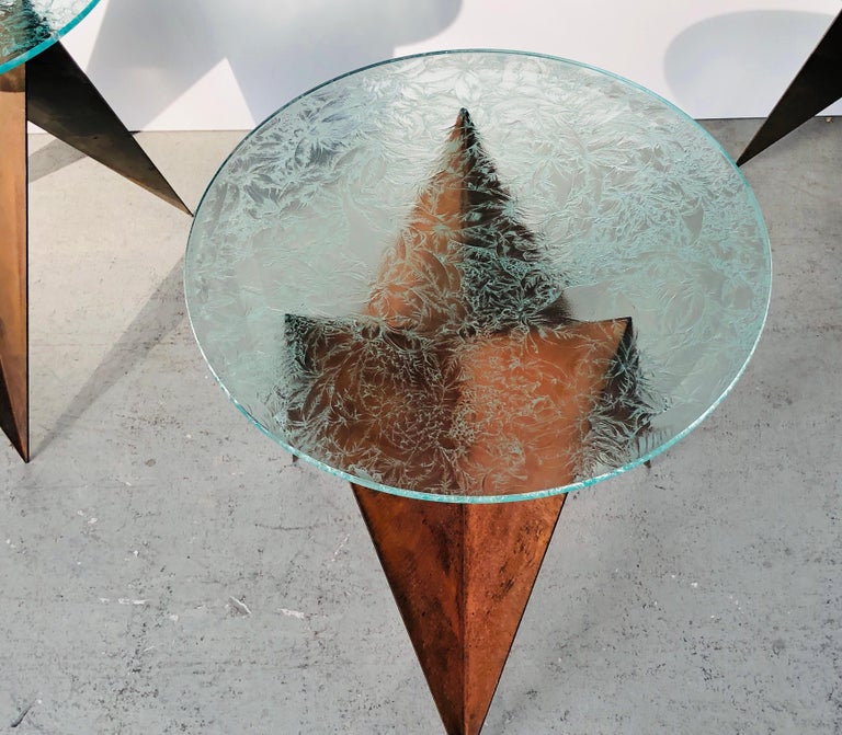 Sculptural Trio of Geometric Metal Tables with Glass Tops, 1980s For ...