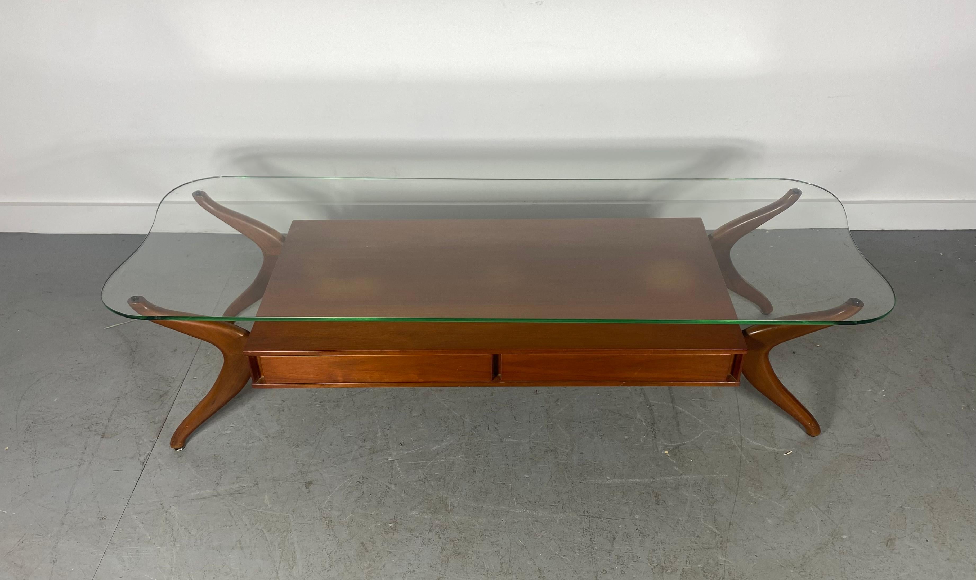 Sculptural Walnut and Glass Coffee Table in the Style of Vladimir Kagan ...