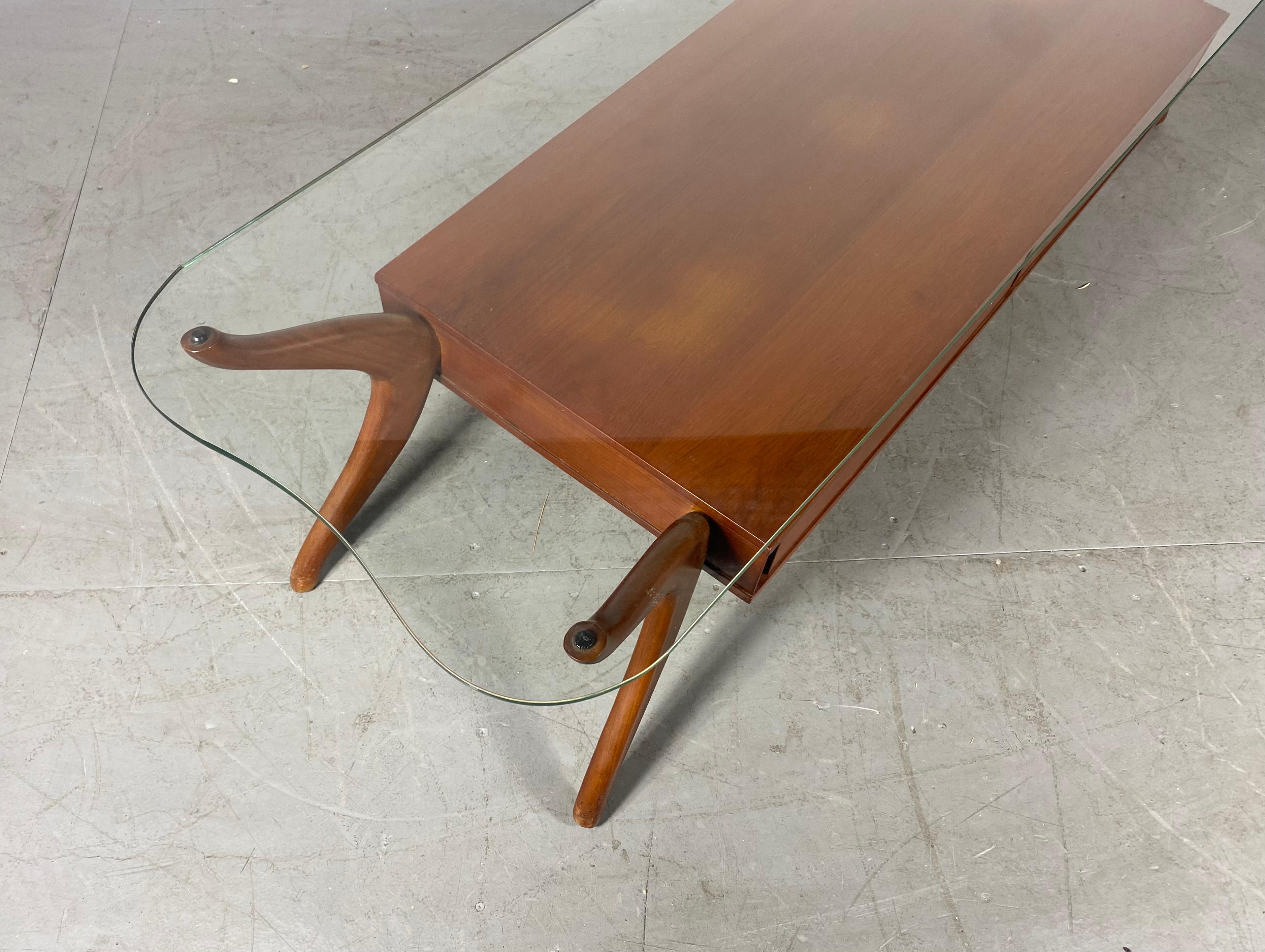 Sculptural Walnut and Glass Coffee Table in the Style of Vladimir Kagan ...