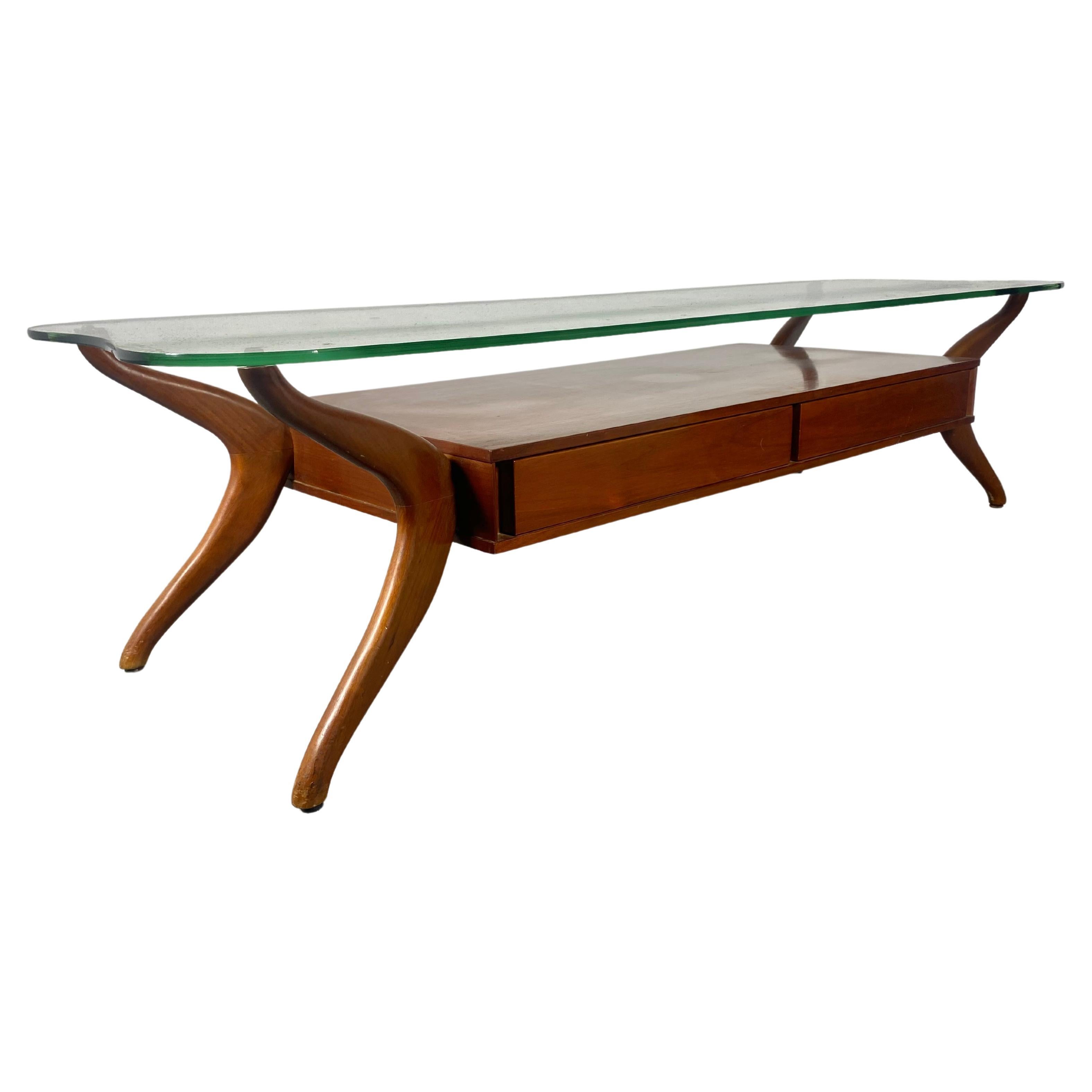 Sculptural Walnut and Glass Coffee Table in the Style of Vladimir Kagan ...