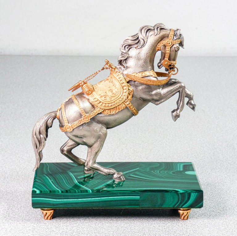 Sculpture of prancing horse, in silver and malachite base. Italy, 20th ...