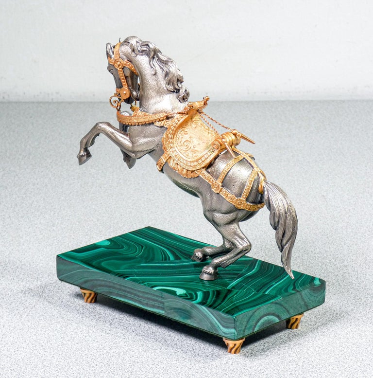 Sculpture of prancing horse, in silver and malachite base. Italy, 20th ...