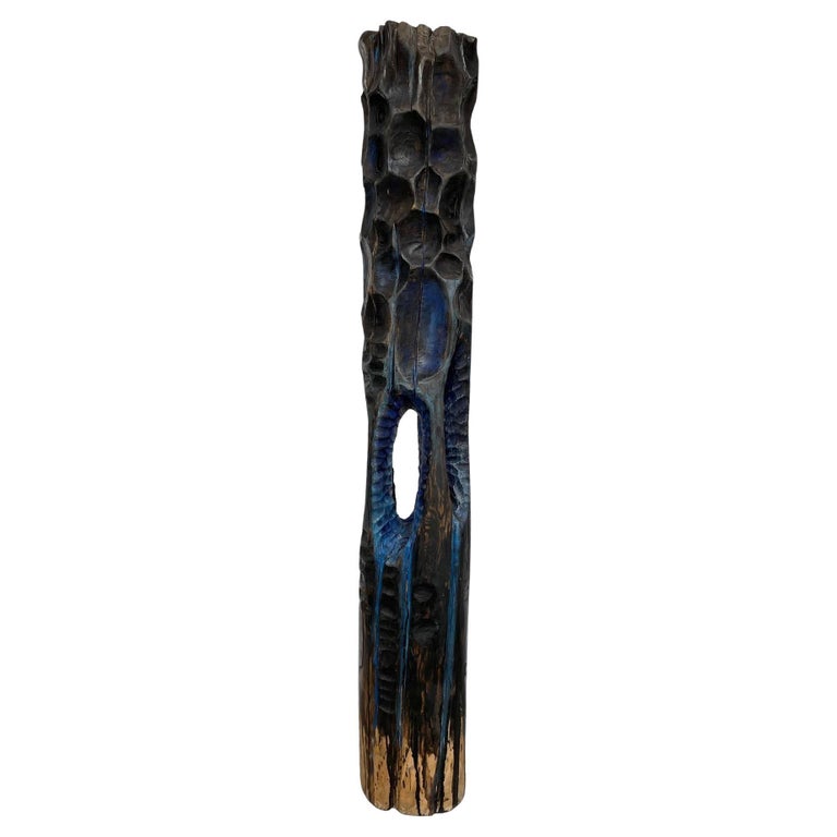 Sculpture "Totem" in wood with blue patina For Sale at 1stDibs