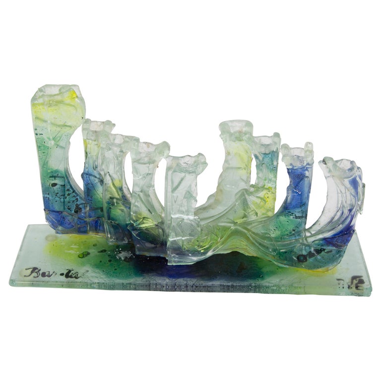 Sculptured Glass Signed Hanukkah Menorah at 1stDibs