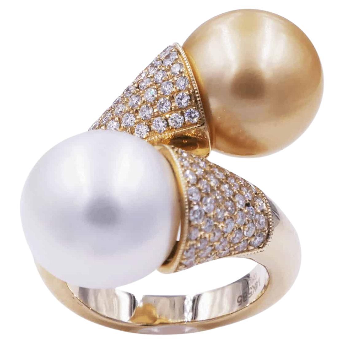 Elegant Custom 18 Karat Yellow Gold Double White Pearls and Diamond ...