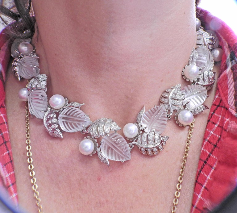 Seaman Schepps Crystal Diamond Pearl Gold Necklace For Sale at 1stDibs