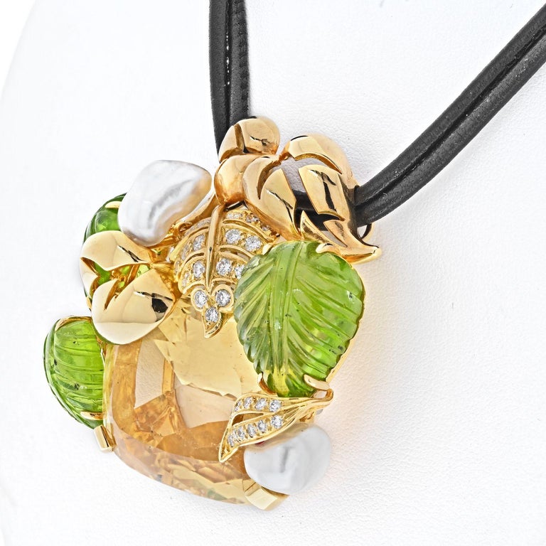 Seaman Schepps Gold Genstone Diamond Floral Large Pendant on a Cord ...