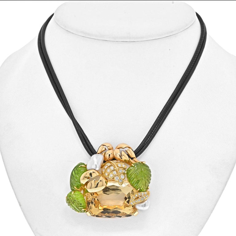 Seaman Schepps Gold Genstone Diamond Floral Large Pendant on a Cord ...