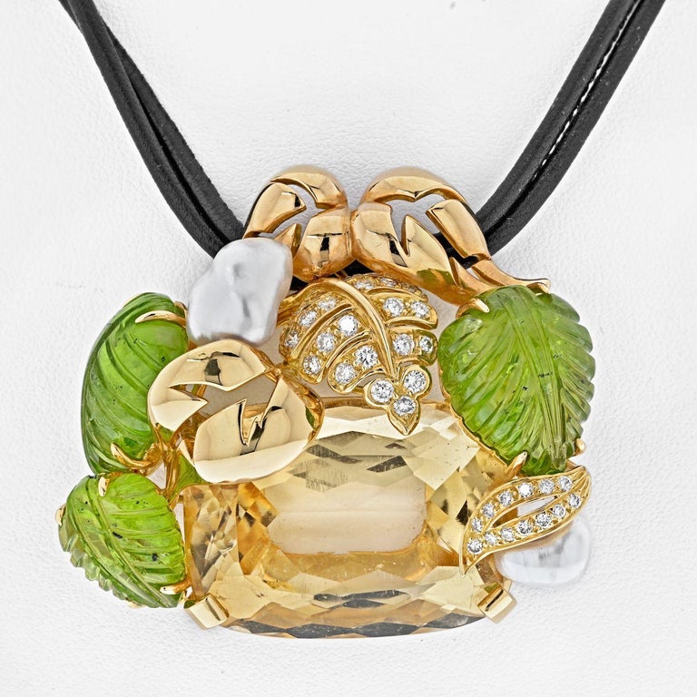 Seaman Schepps Gold Genstone Diamond Floral Large Pendant on a Cord ...