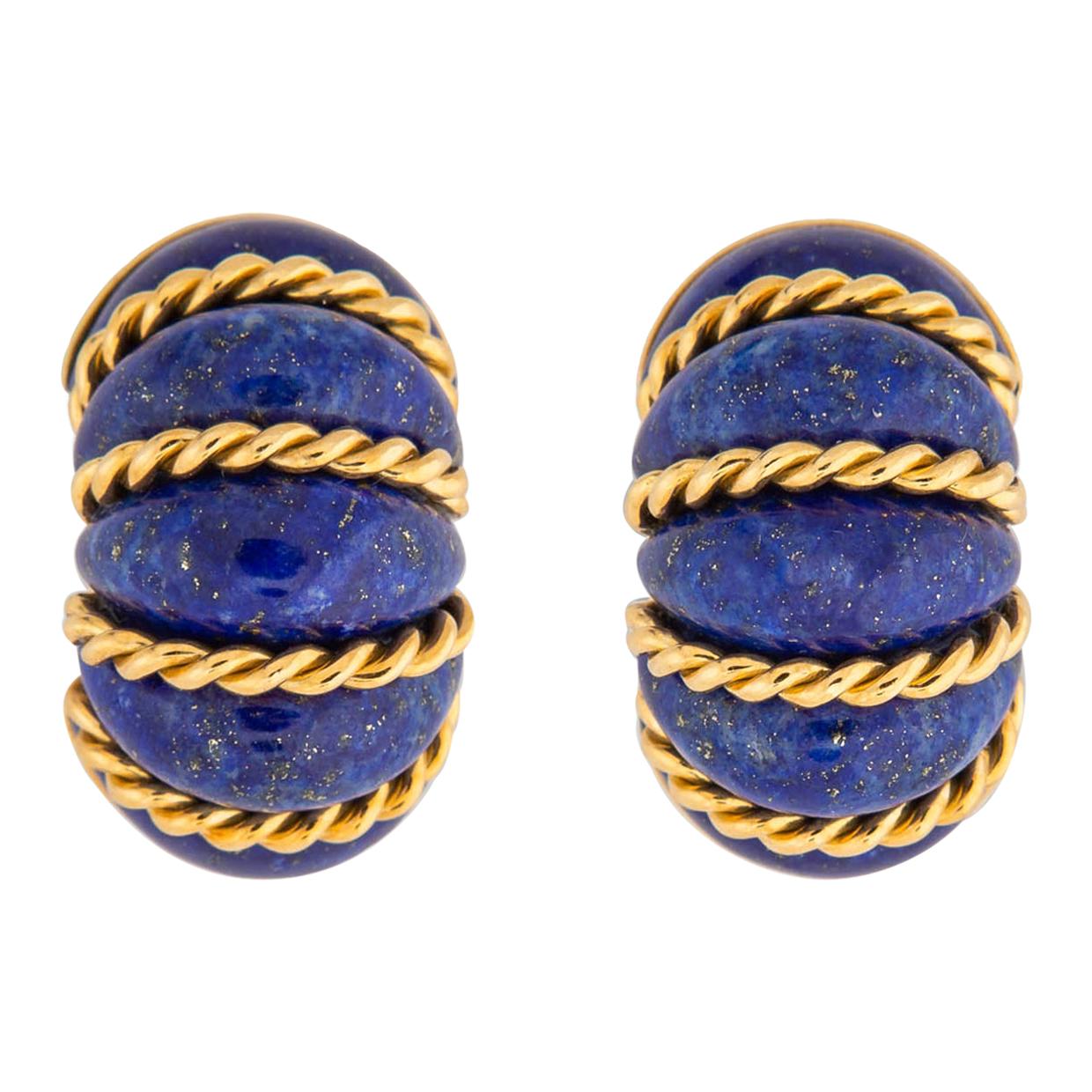 Seaman Schepps Lapis and Gold Shrimp Earrings at 1stDibs