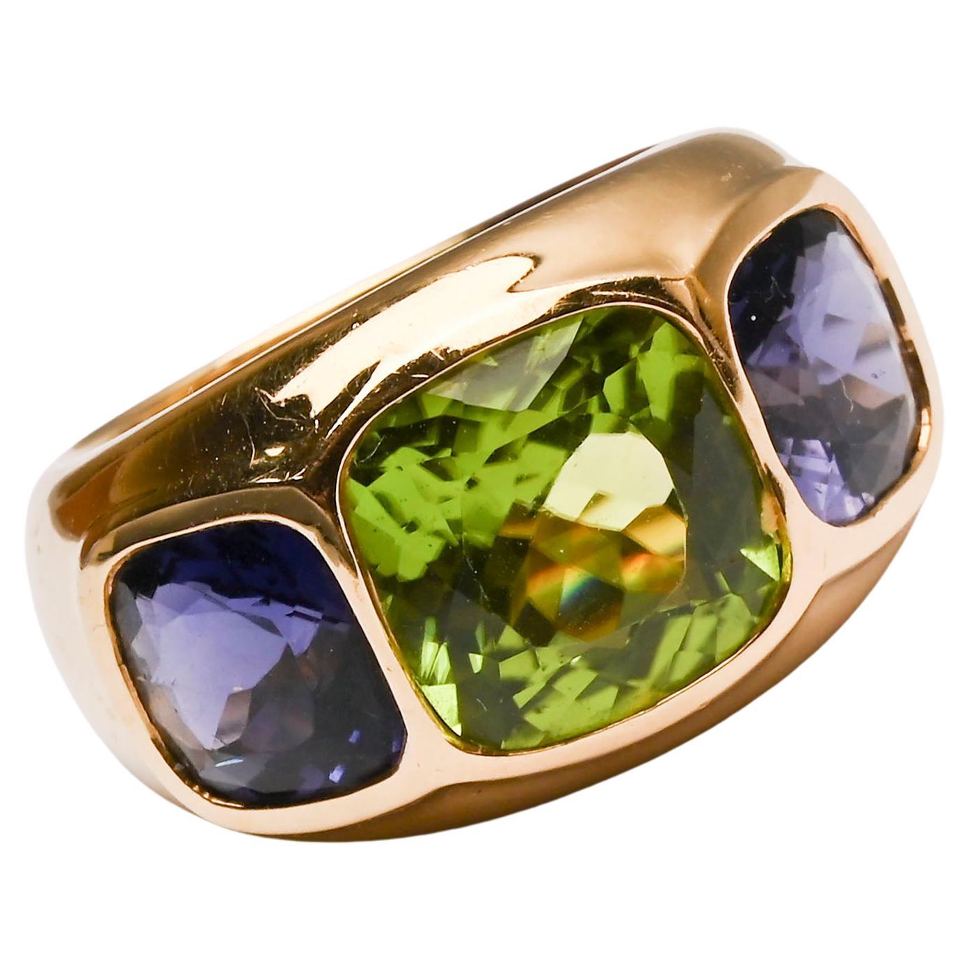 3-Stone Amethyst and Peridot Ring, set in 18 Karat Yellow Gold at 1stDibs