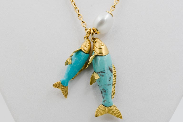 Seaman Schepps Turquoise Koi Fish Charms and 18 Karat Yellow Gold Chain ...