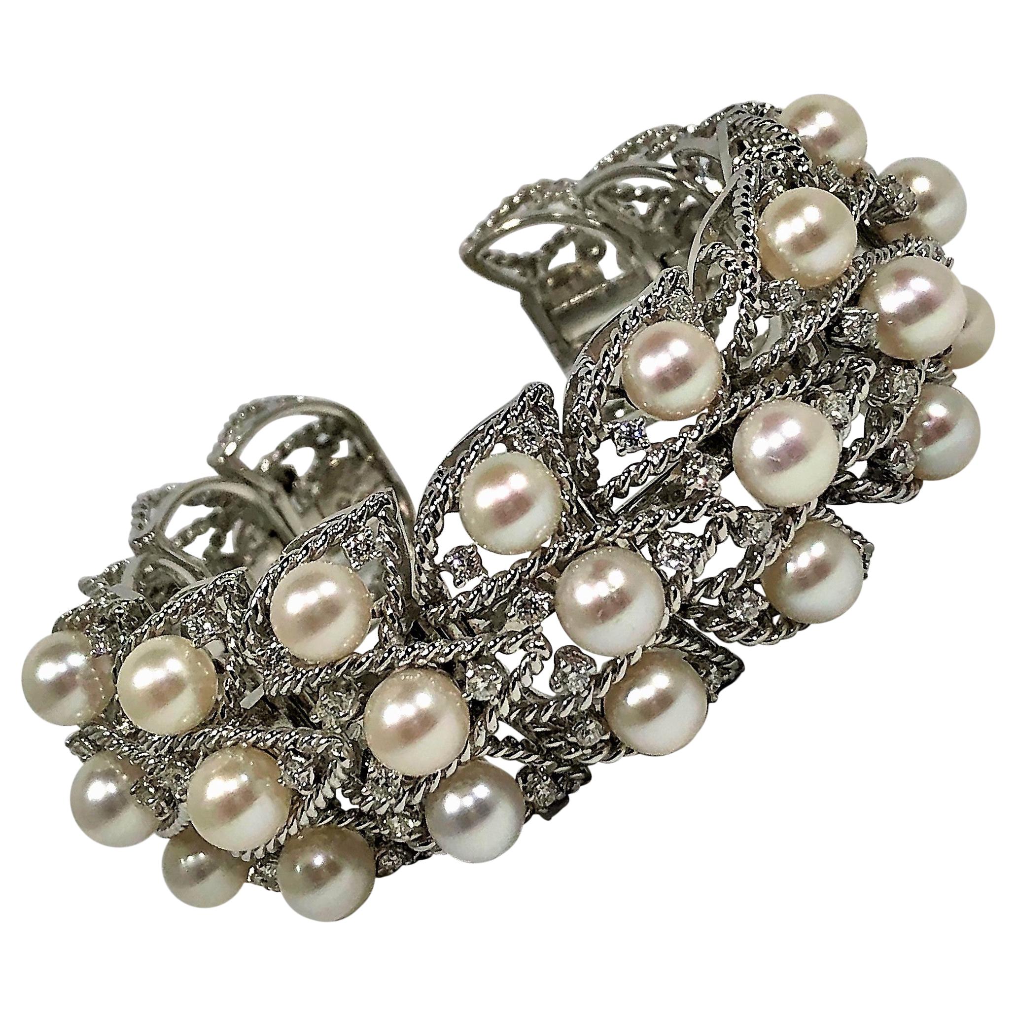Seaman Schepps White Gold Pearl and Diamond Open Back Flexible Cuff For ...