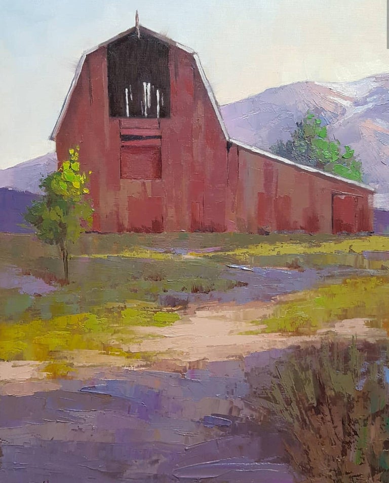 Sean Wallis - Standing Firm (red barn, path, mountains) For Sale at 1stDibs