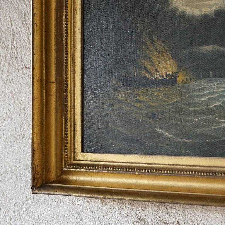 Seascape Depicting A Burning Ship, Antique Oil On Canvas Painting, 19th Century For Sale at 1stDibs