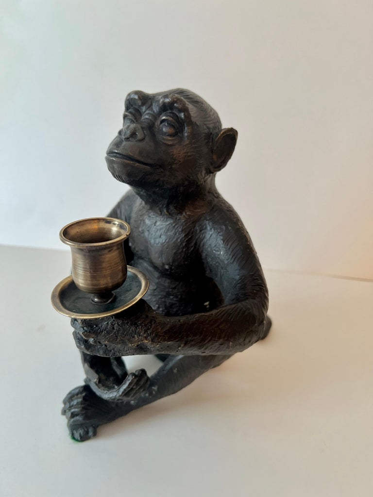 Seated Bronze Monkey with Brass Candle Holder For Sale at 1stDibs