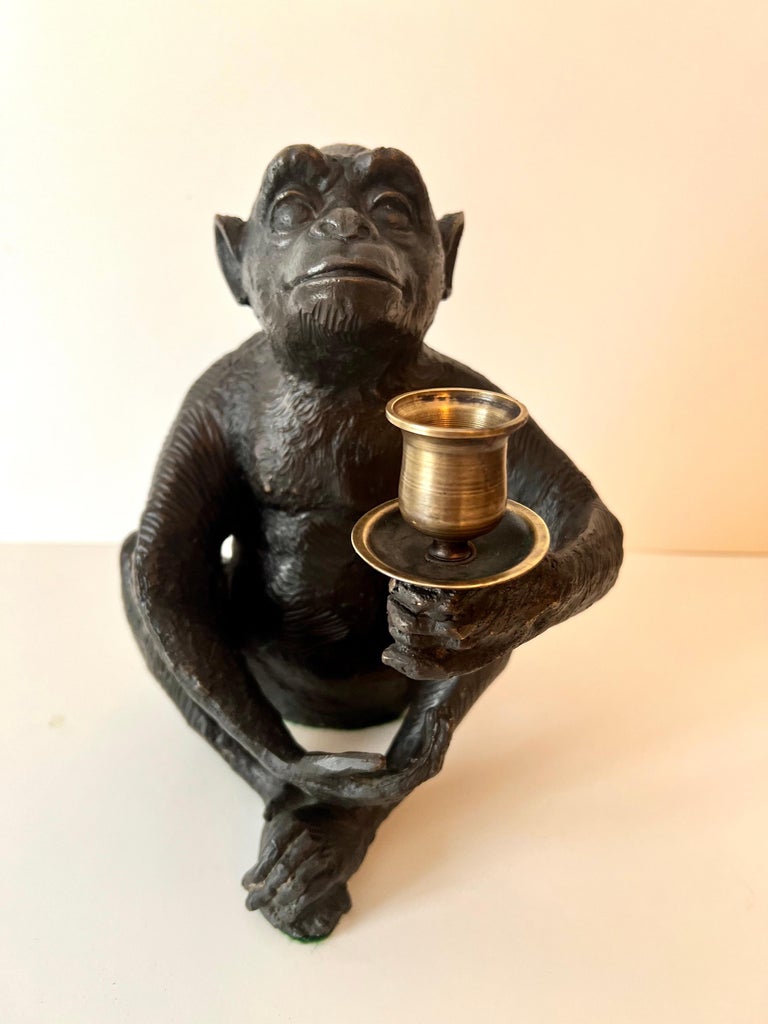Seated Bronze Monkey with Brass Candle Holder For Sale at 1stDibs