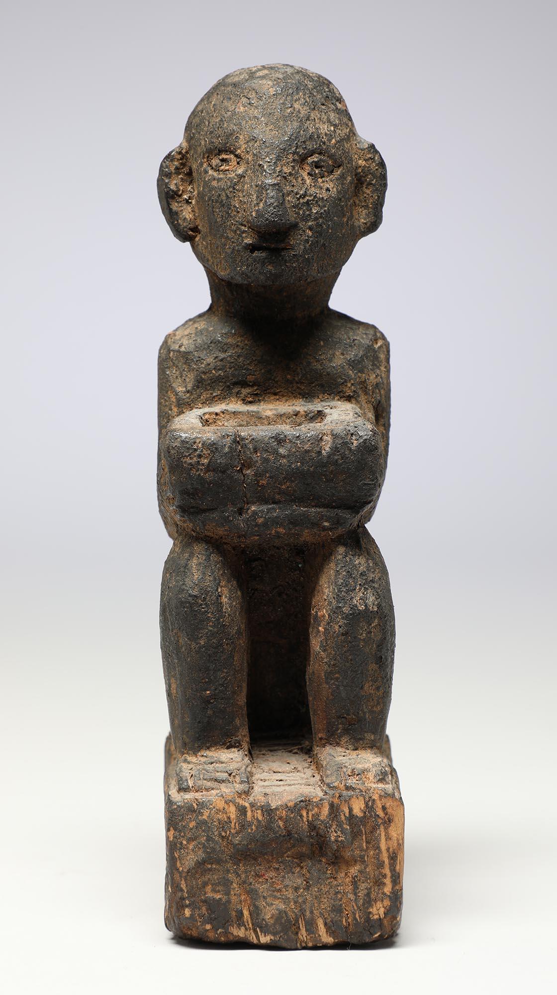 Seated Philippine Miniature Bulul Figure Holding Square Bowl Encrusted ...