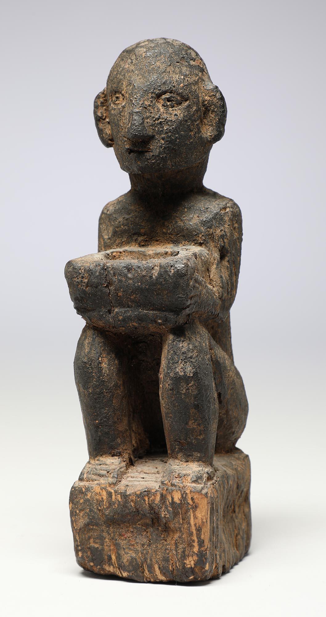 Seated Philippine Miniature Bulul Figure Holding Square Bowl Encrusted ...