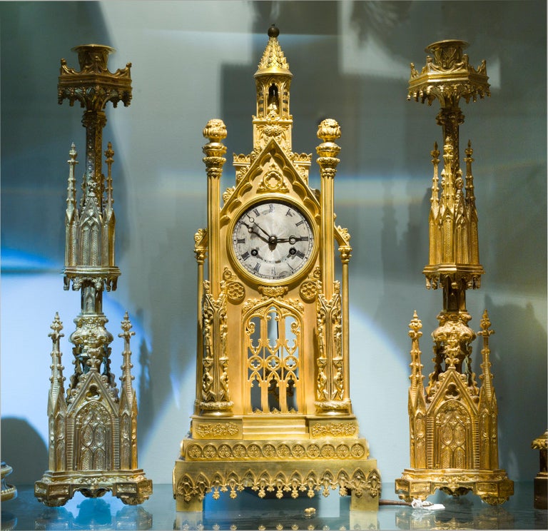 Second Empire Gothic Cathedral Clock and Garniture For Sale at 1stDibs