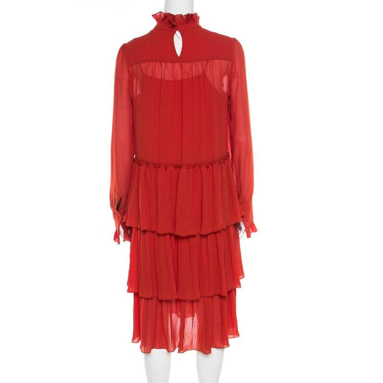 See By Chloe Earthy Red Ruffled Tiered Long Sleeve Dress M For Sale at ...
