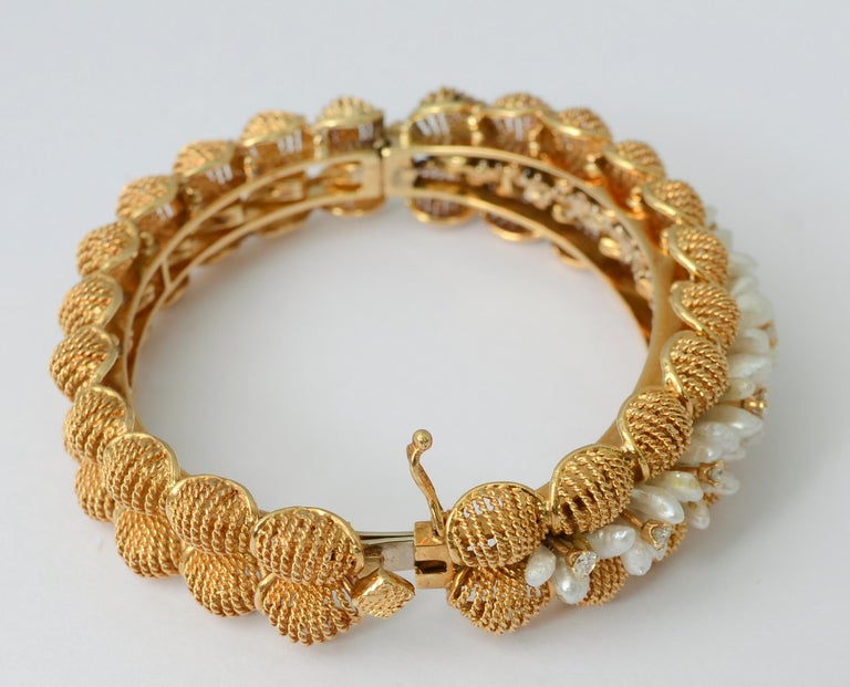 Seed Pearl and Diamonds Gold Bangle Bracelet For Sale at 1stDibs
