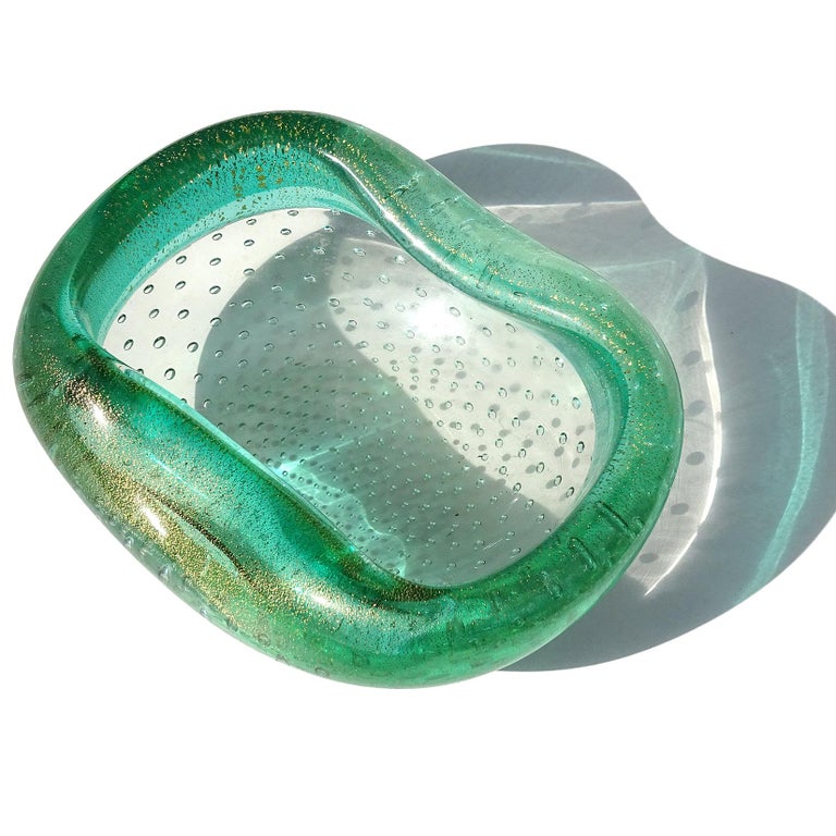 Seguso Murano Green Gold Flecks Bubbles Incalmo Rim Italian Art Glass ...