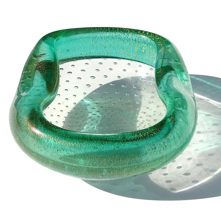 Seguso Murano Green Gold Flecks Bubbles Incalmo Rim Italian Art Glass ...