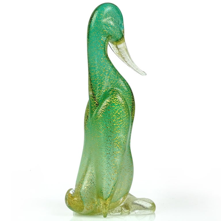 Seguso Murano Green Gold Flecks Italian Art Glass Standing Duck Bird ...