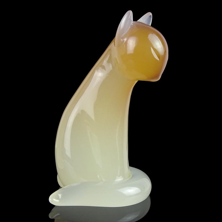 Seguso Murano Opalescent White Caramel Italian Art Glass Kitty Cat ...