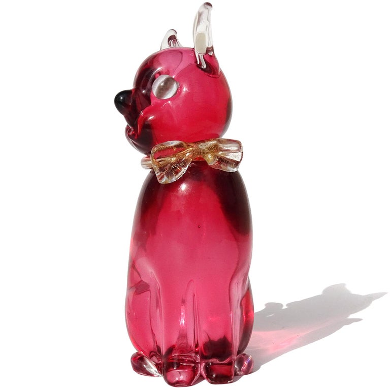 Seguso Murano Sommerso Pink Gold Flecks Bow Italian Art Glass Kitty Cat ...