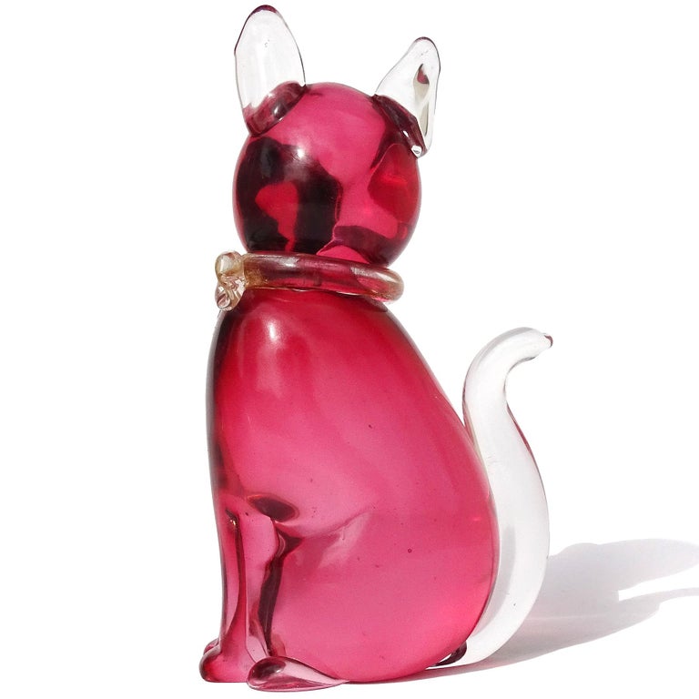 Seguso Murano Sommerso Pink Gold Flecks Bow Italian Art Glass Kitty Cat ...